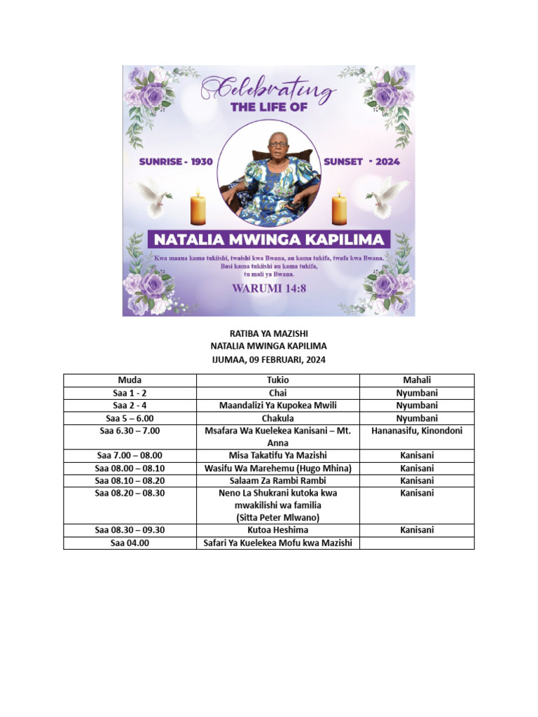 Ratiba Ya Mazishi - Natalia Mwinga Kapilima - DAR | PDF