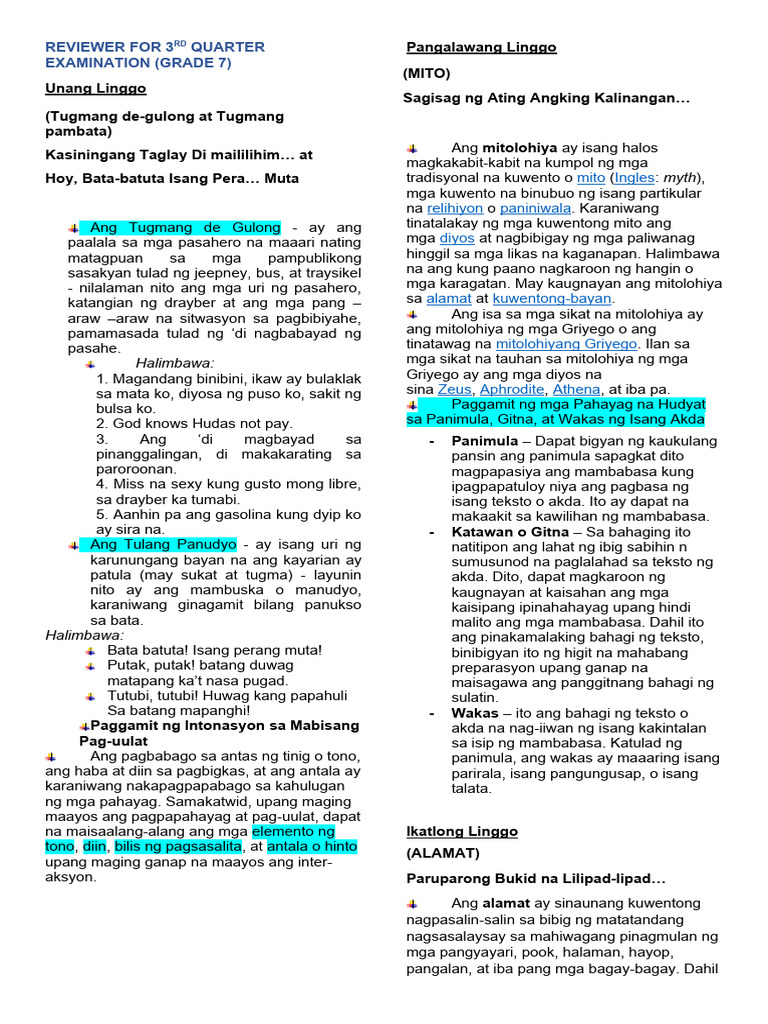 Reviewer For 3rd Quarter Examination Grade 7 Pdf