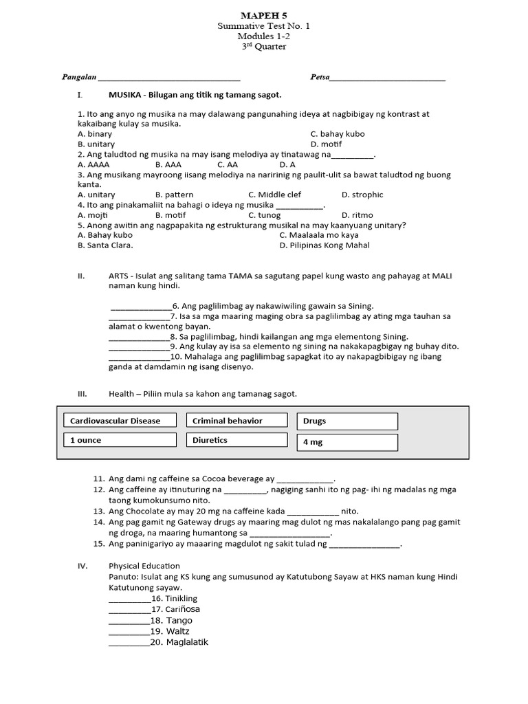 Mapeh 5 Q3 Summative Test 1 23 24 Pdf