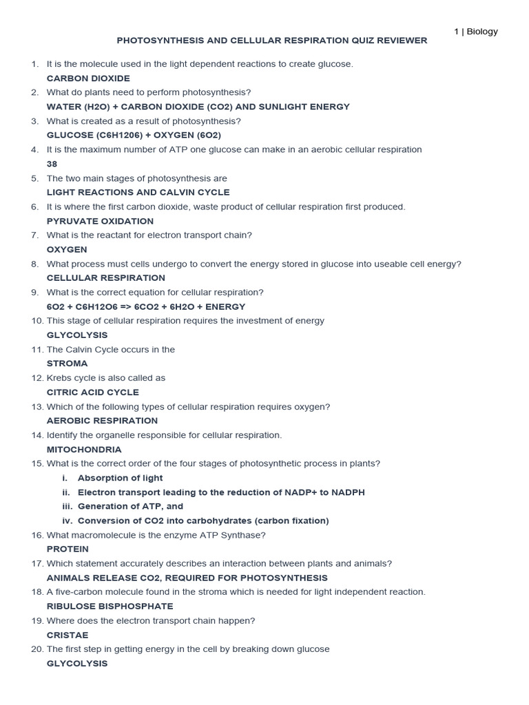Photosynthesis and Cellular Respiration Quiz Reviewer | PDF | Cellular ...