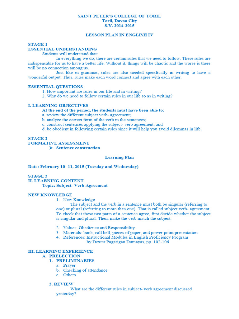 Subject Verb Agreement Lesson Plan | PDF | Subject (Grammar) | Mathematics Subject Verb Agreement Lesson Plan | PDF | Subject (Grammar) | Mathematics