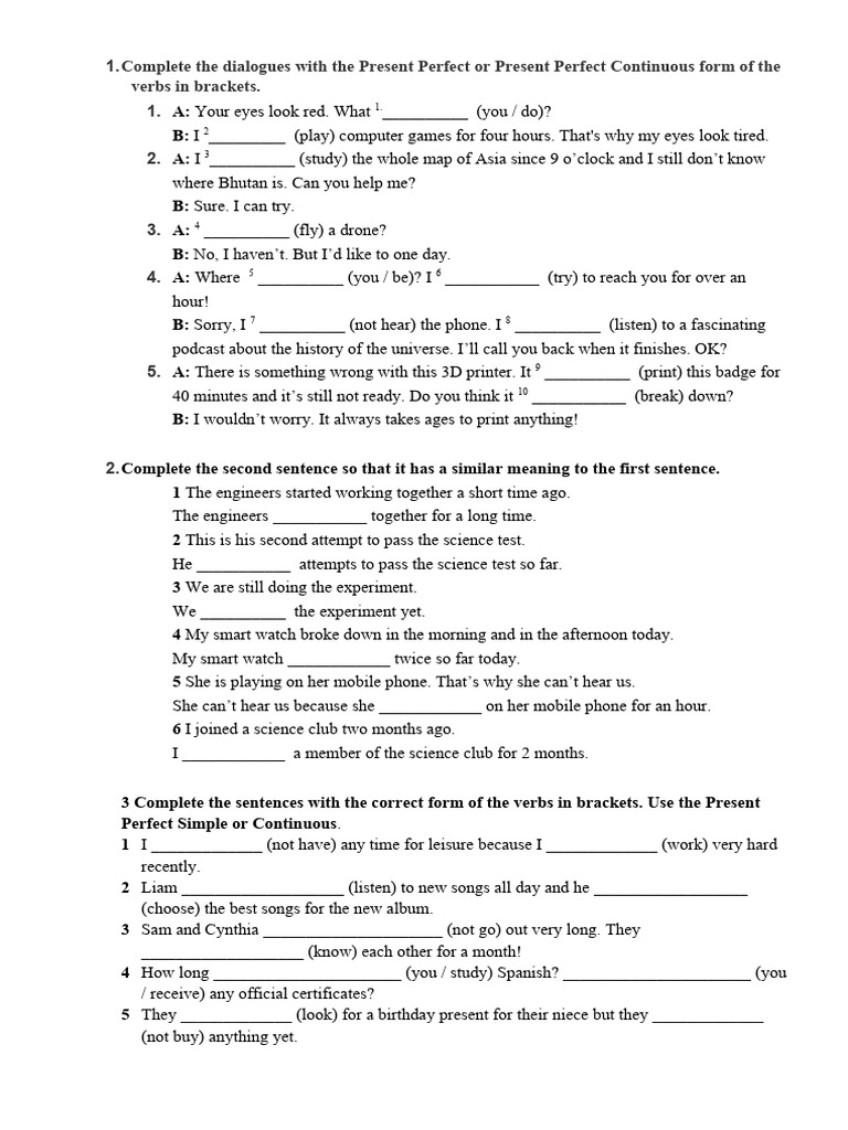 Present Perfect Simple Vs Present Perfect Continuous Test Pdf