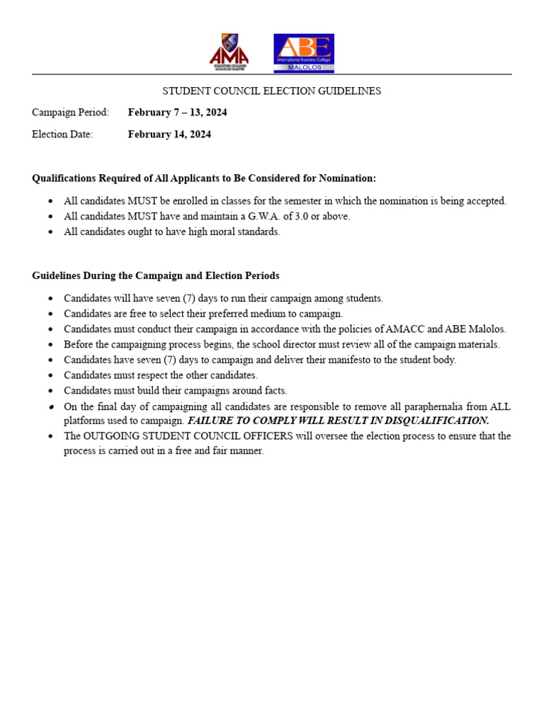 STUDENT COUNCIL ELECTION GUIDELINES and Application Form | PDF