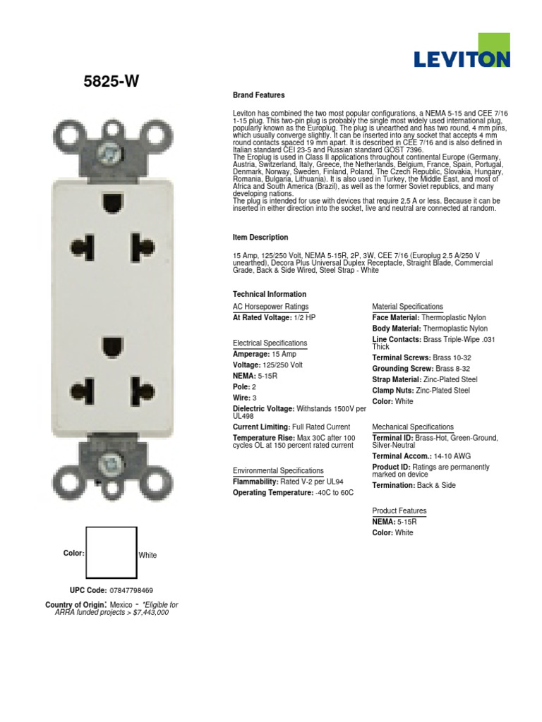Ficha Tecnica Tomacorriente - 5825-w Levinton | PDF | Ac Power Plugs ...