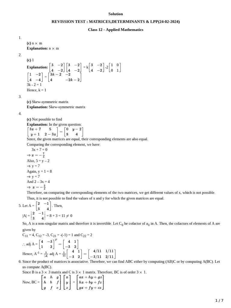 Matrices, Determinants & LPP - Solutions | PDF | Matrix (Mathematics ...