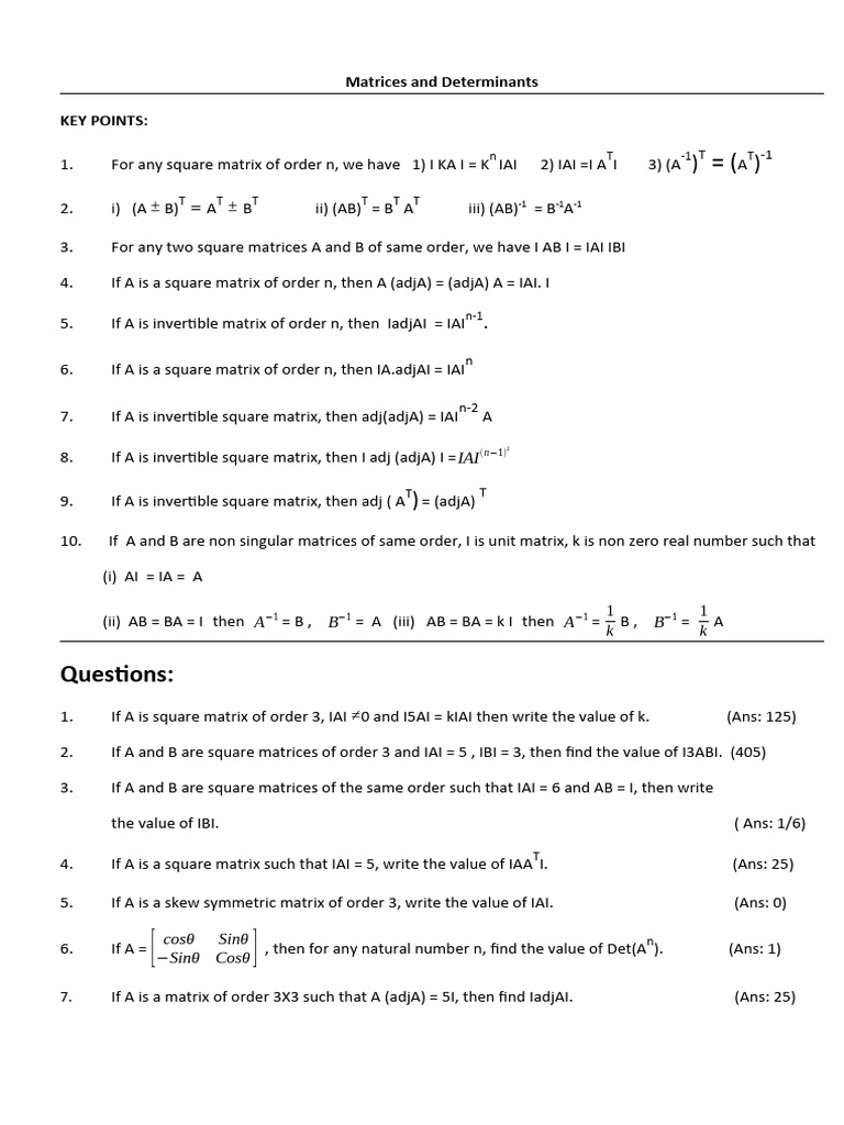 Xii Matrices and Determinants Work Sheet 2018 | PDF | Matrix (Mathematics) | Mathematics