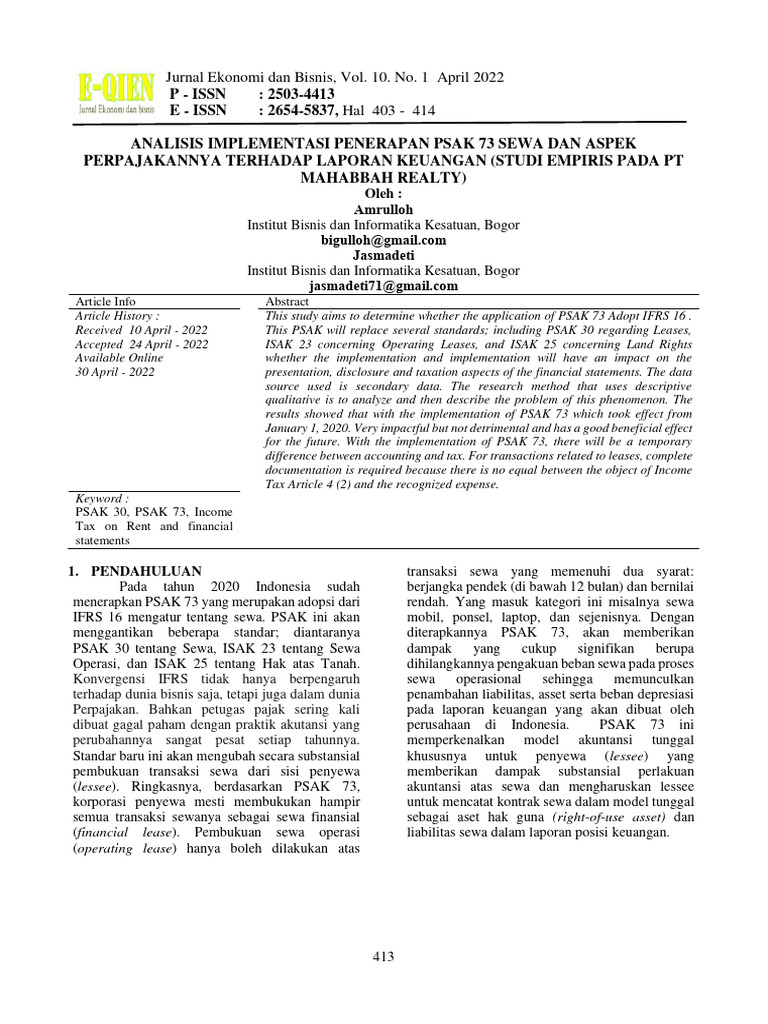 Jurnal Psak 30 Sewa Aspek Perpajakannya | PDF