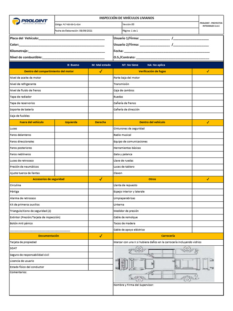 Plt-Gs-Se-Cl-014 Inspeccion de Vehiculo Liviano. Ver.00 | PDF ...