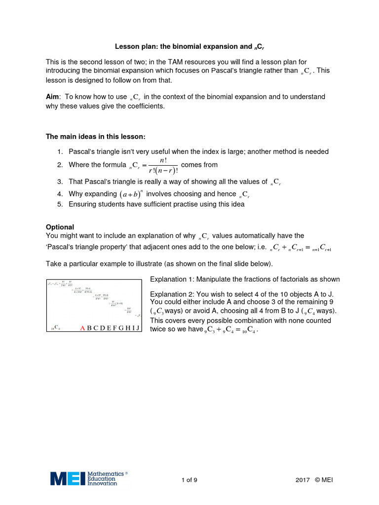 Binomial Expansion and nCr Lesson Plan | PDF | Discrete Mathematics ...