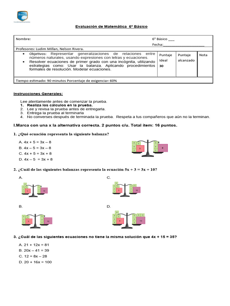 Prueba de Resolucion de Ecuaciones Sexto Basico | PDF | Ecuaciones ...