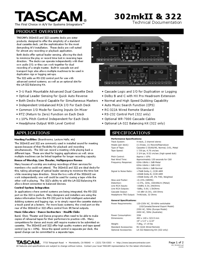 Tascam 302 Mk2 Brochure | PDF | Recording | Sound Production