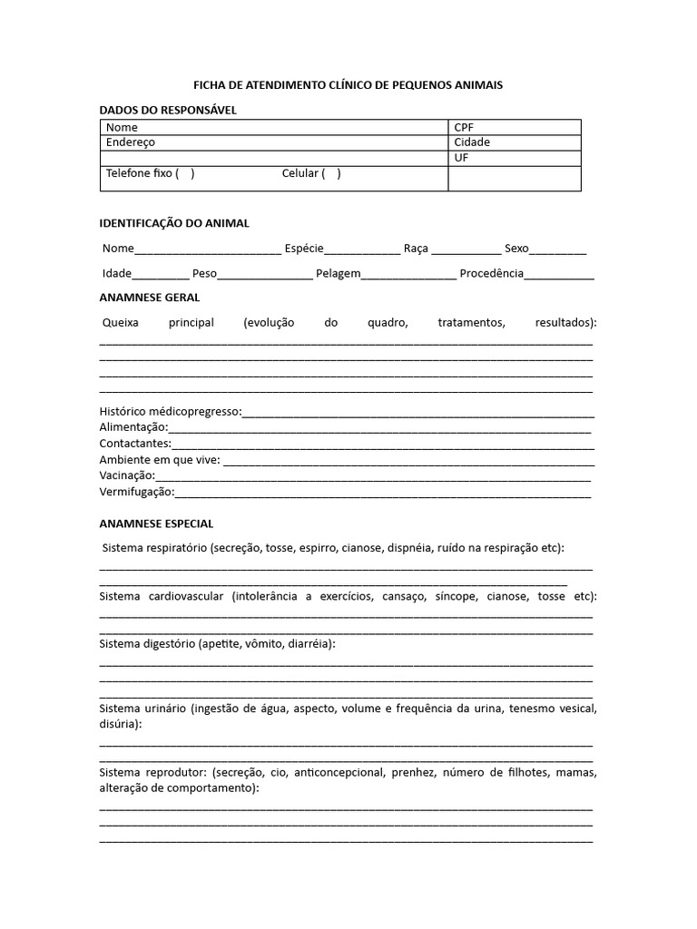 Ficha de Anamnese Semiologia Veterinária | PDF | Medicina Clínica ...