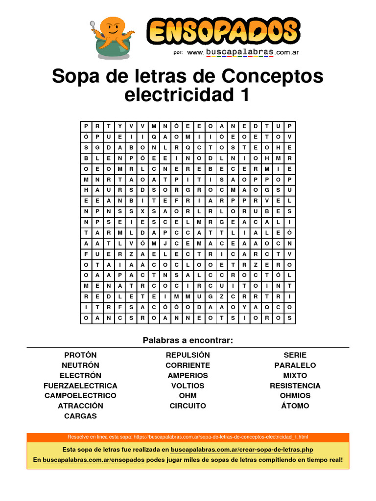 Sopa de Letras de Conceptos Electricidad - 1 | PDF | Electricidad ...