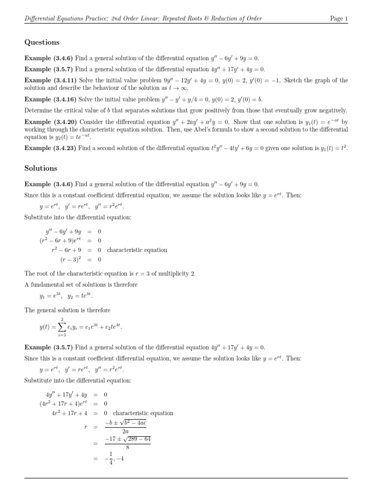 2 ND Order Linear Repeated Roots Reductionof Order | PDF | Equations ...