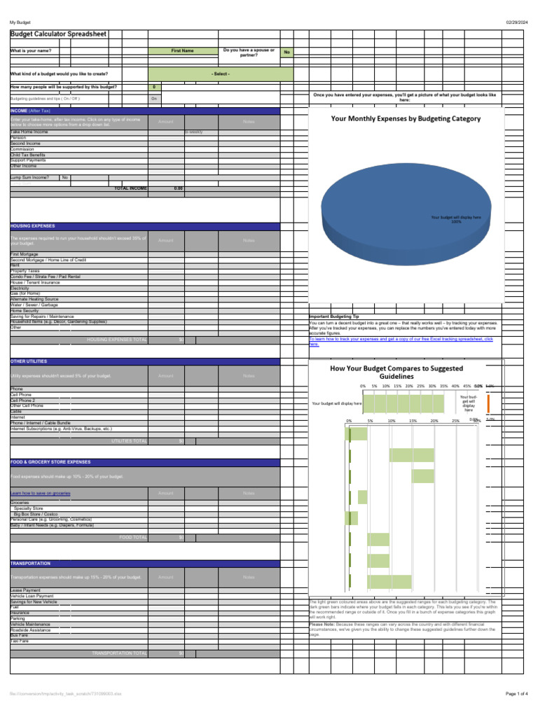 Budgeting Calculator Spreadsheet With Guidelines Ver 1 61 | PDF
