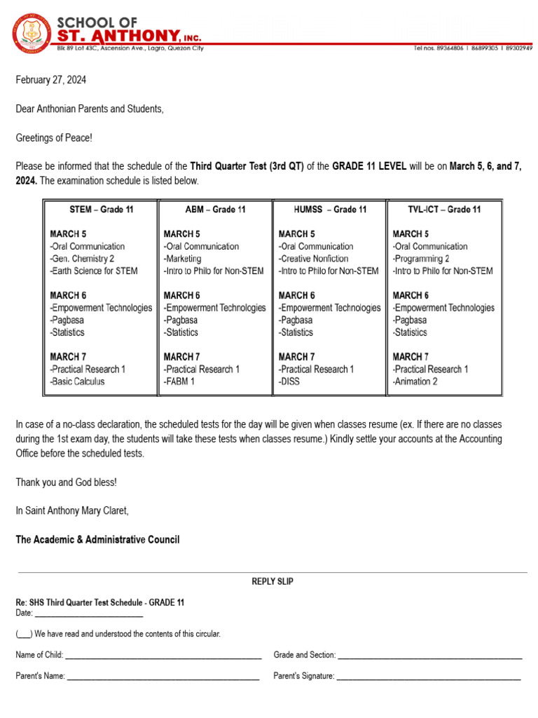 2023-2024 3rd Quarter Exam Schedule - G11 | PDF
