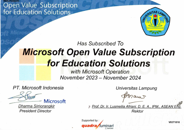 Sertifikat Lisensi Microssoft Open Value Subscription Tahun 2024 | PDF