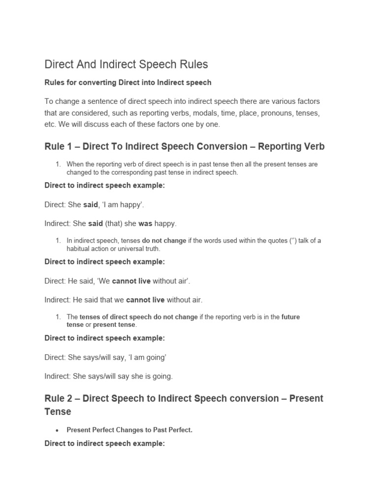 Direct and Indirect Speech Rules | PDF | Grammatical Tense | Verb