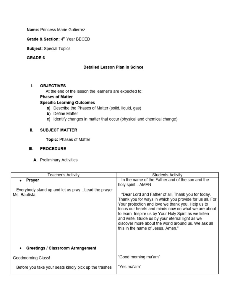 Phases of Matter Lesson Plan for Grade 6 | PDF | Gases | Liquids