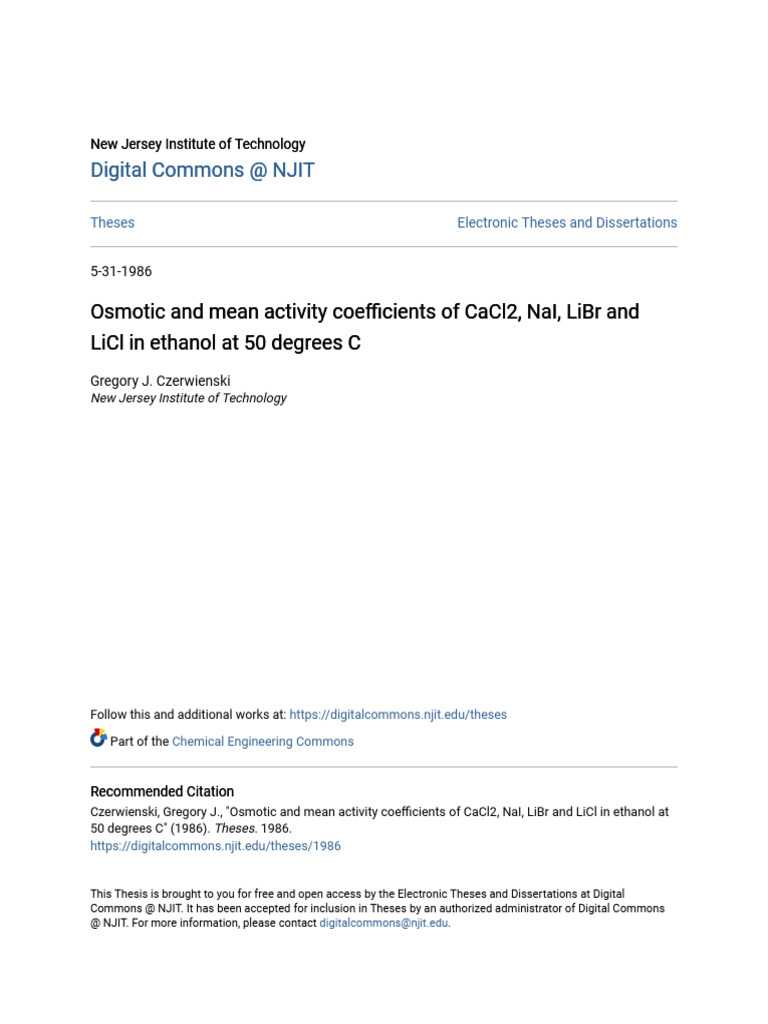 Osmotic and Mean Activity Coefficients of CaCl2 NaI LiBr and Li | PDF ...