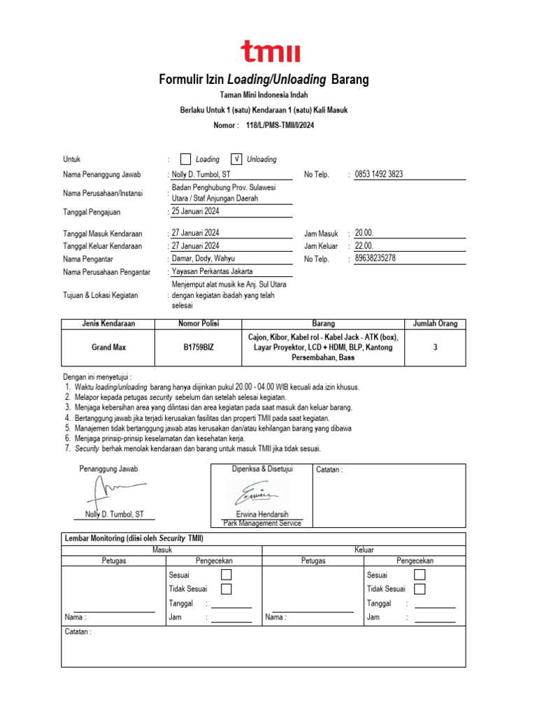 Surat Izin Loading Barang TMII | PDF