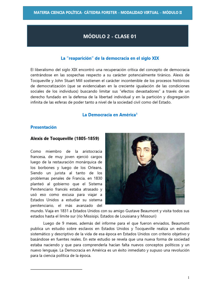 CLASE 11 - Alexis de Tocqueville - Clase - John Stuart Mill | PDF | John Stuart Mill | Democracia