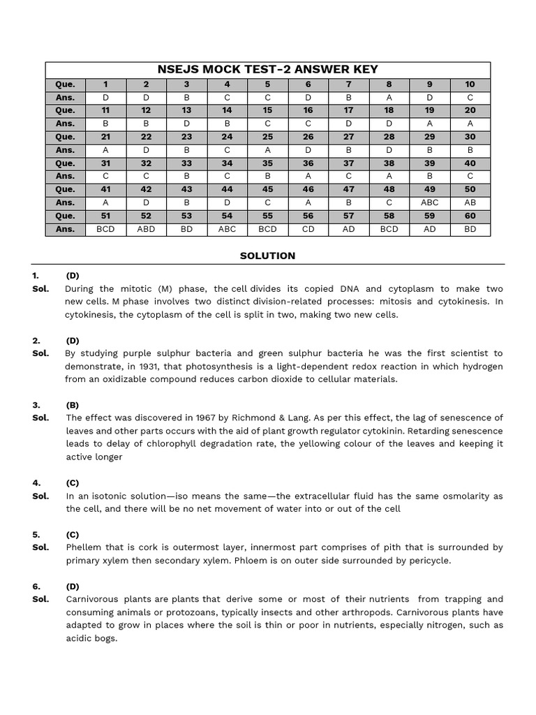 NSEJS 2023 MOCK TEST - 02 Answer Key & Solutions | PDF | Mitosis ...