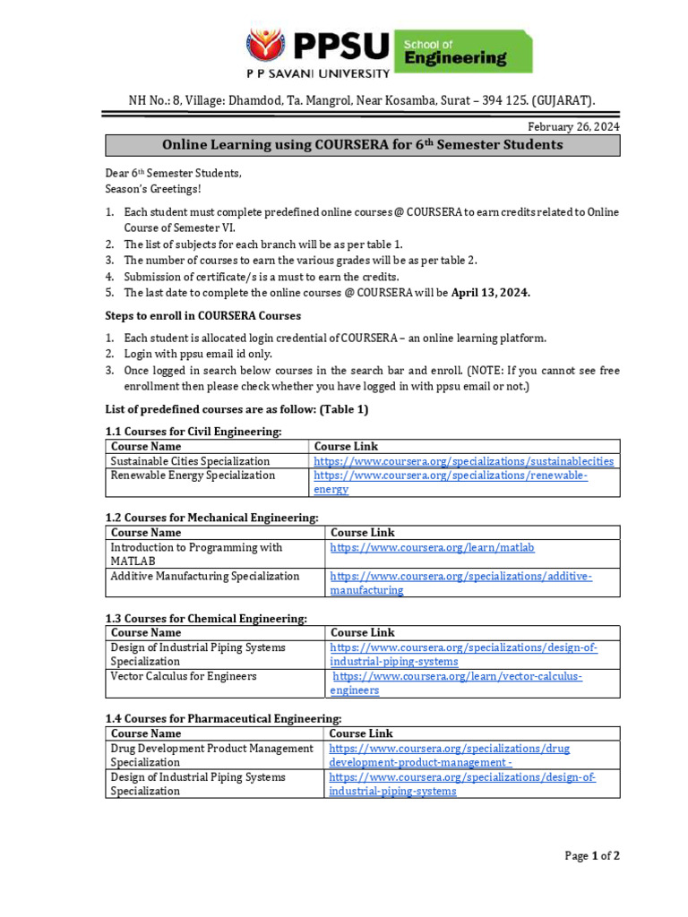 SOE - Student Circular - List of COURSERA Courses - Sem 6 | PDF | User ...