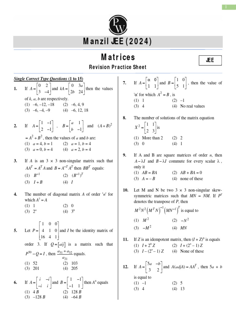 Matrices - Practice Sheet | PDF | Matrix (Mathematics) | Mathematical Objects