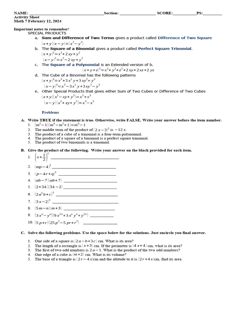 Lesson 3 Asynchronous Special Product 1 | PDF | Area | Mathematics