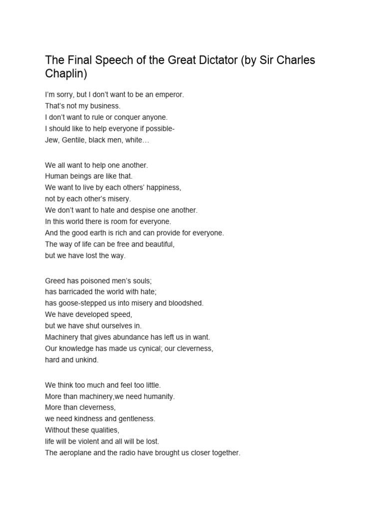 The Final Speech of The Great Dictator (By Sir Charles Chaplin) | PDF