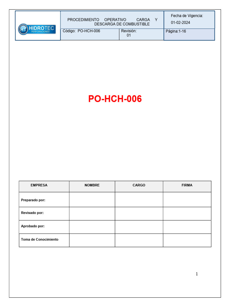 PO-HCH-006 Procedimiento de Carga y Descarga Combustible | PDF | Contaminación | Residuos