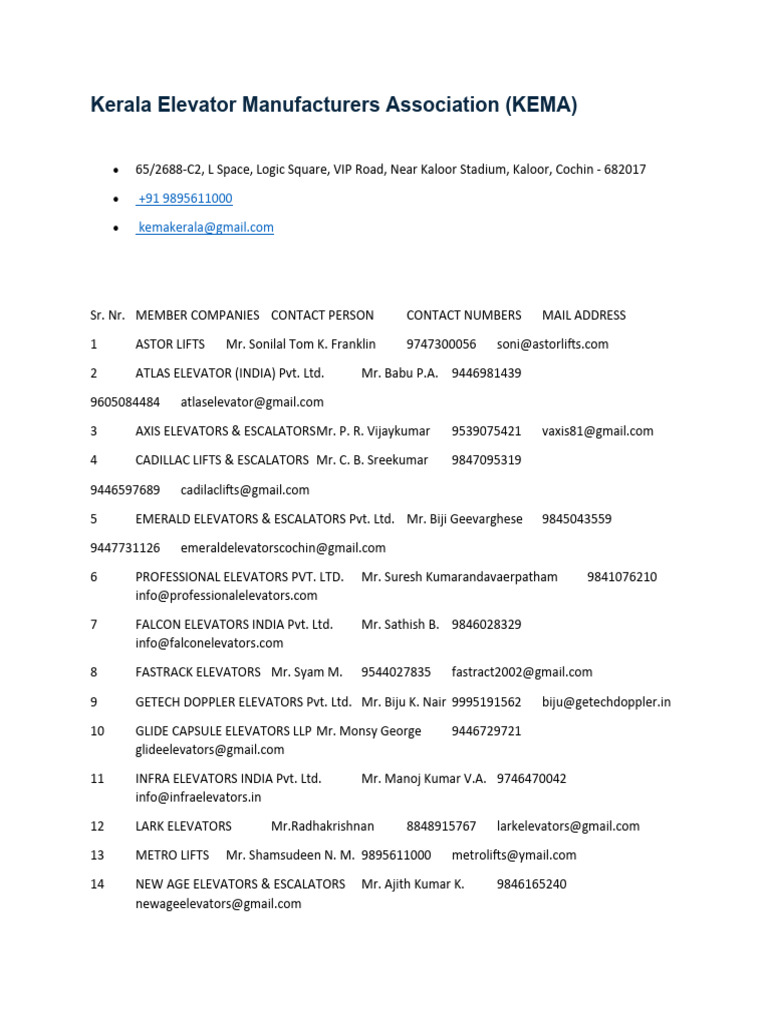 Kerala Elevator Manufacturers Directory | PDF