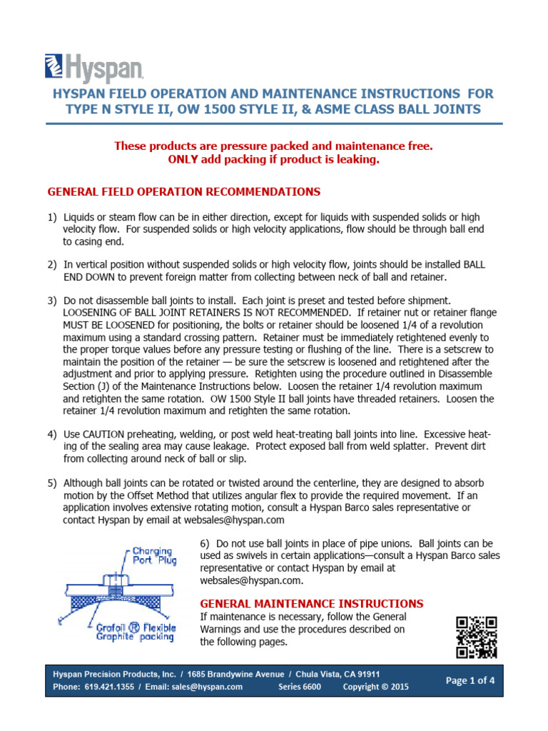 Hyspan Installation & Maintenance Instructions Type N Style II, OW 1500 ...