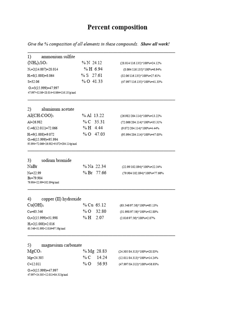 Element Percent Composition Calculations | PDF | Mole (Unit) | Chemical ...