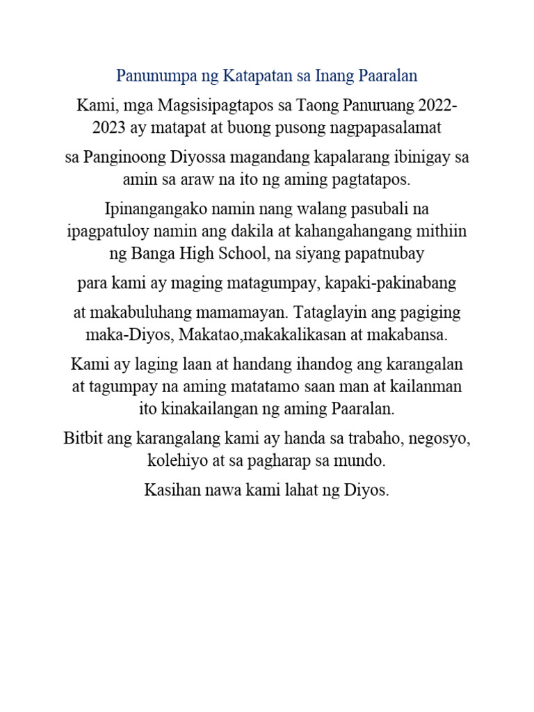 Panunumpa NG Katapatan Sa Inang Paarala1 | PDF