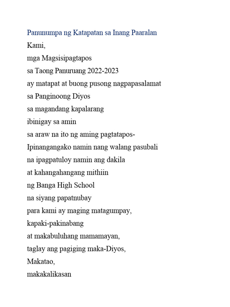 Panunumpa NG Katapatan Sa Inang Paaralan | PDF