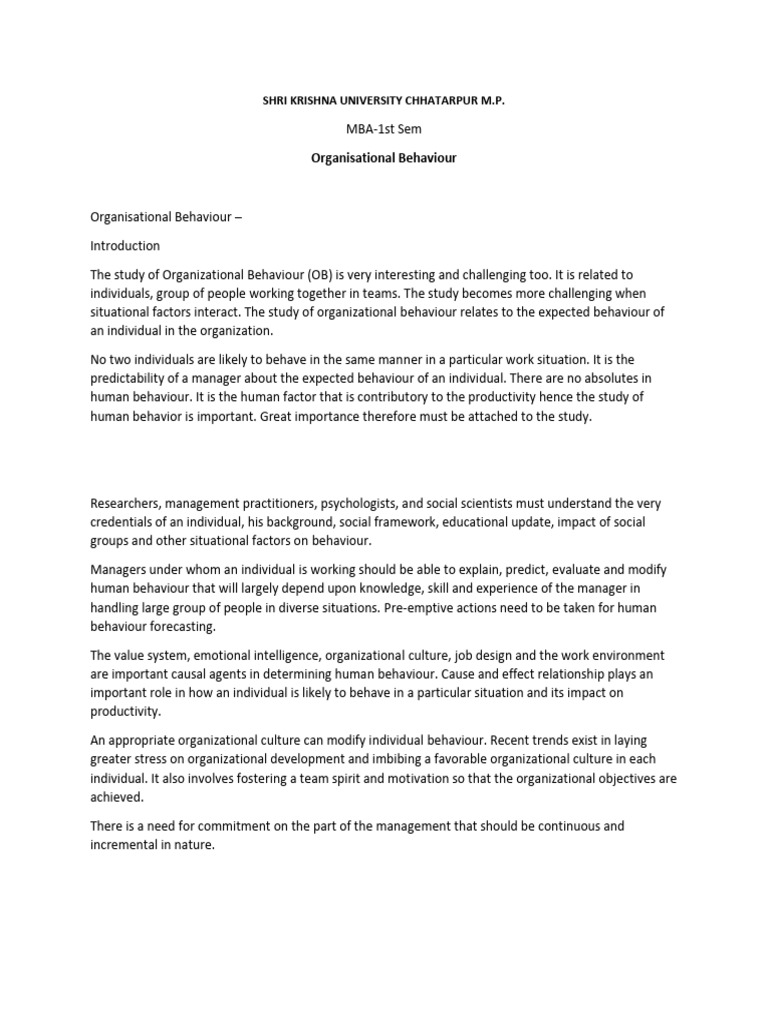 Mba - Ob | PDF | Organizational Behavior | Behavior