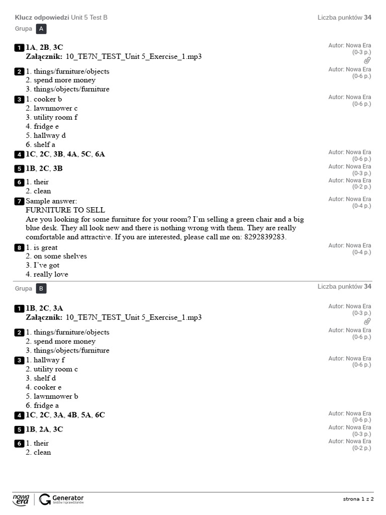 Unit 5 Test B Klucz Odpowiedzi | PDF