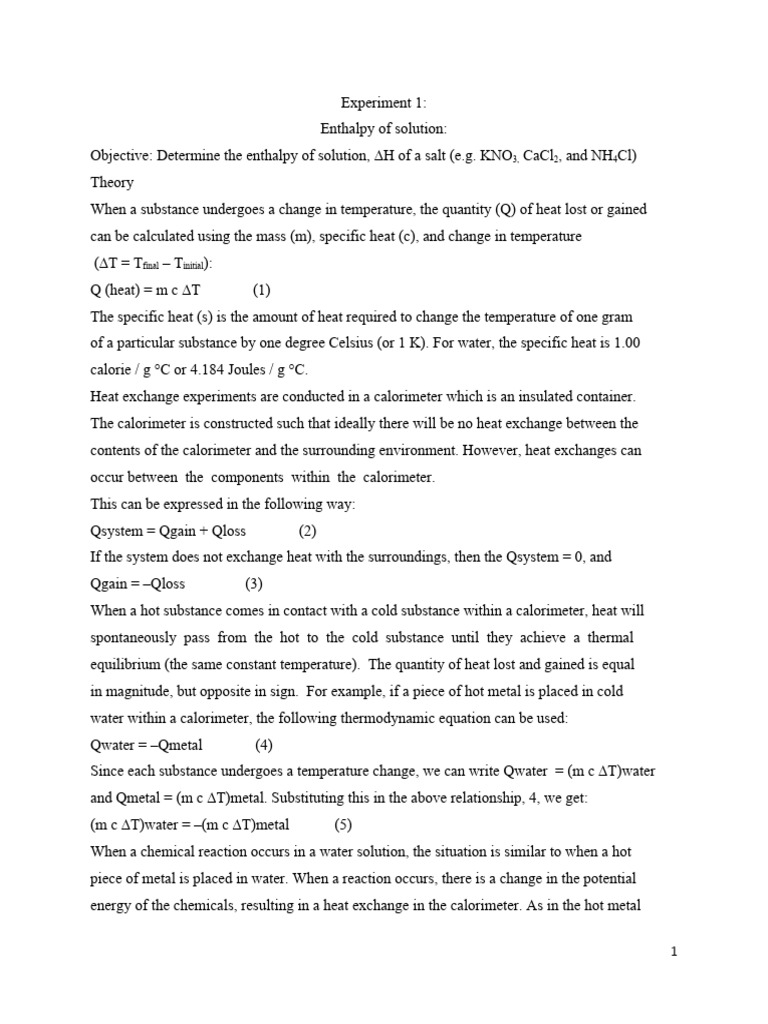 Enthalpy of Solution and Boiling Point Elevation | PDF | Chemical ...