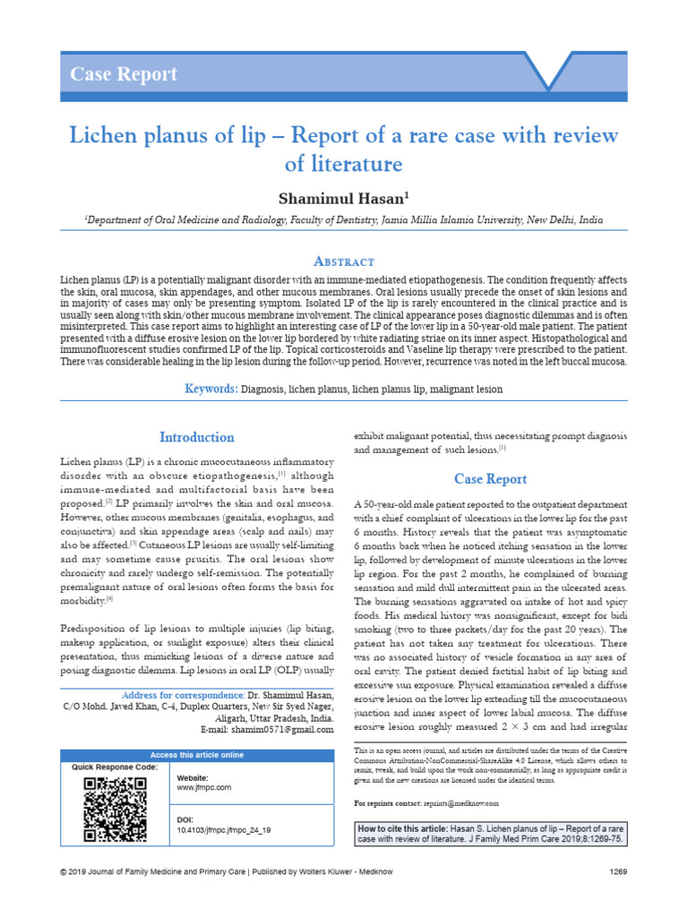 Lichen Planus of Lip - Report of A Rare Case With Review of Literature | PDF | Epidemiology ...