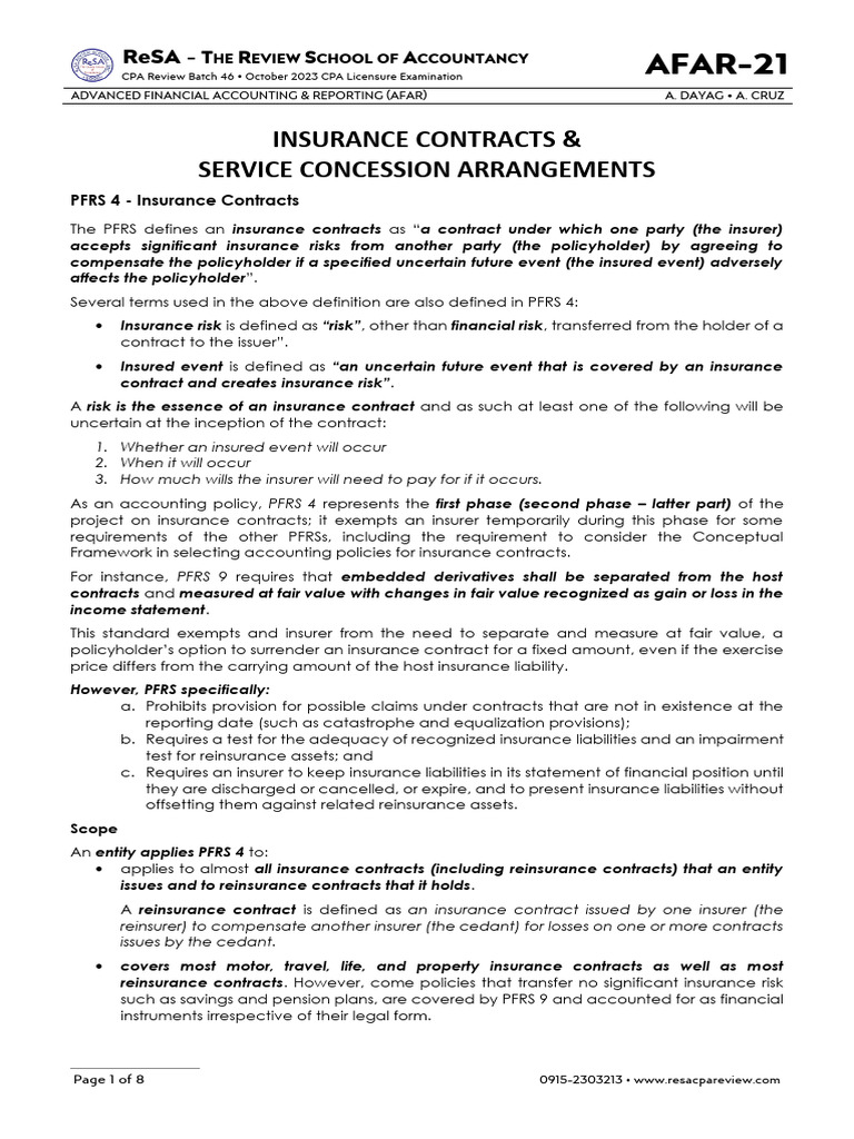 AFAR-21 (Insurance Contracts - Service Concession Arrangements) | PDF ...