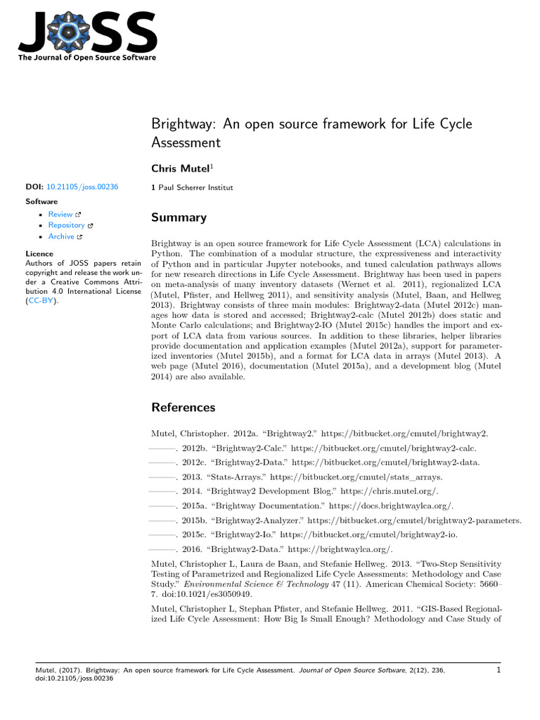 Brightway - An Open Source Framework For Life Cycle Assessment | PDF | Life Cycle Assessment ...