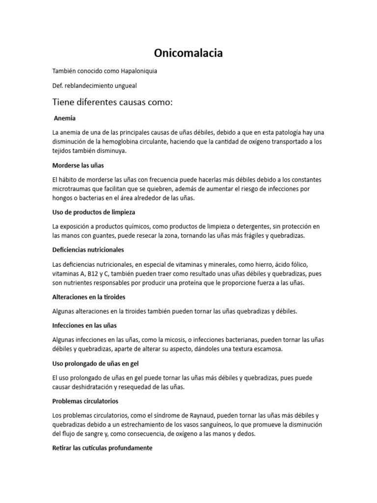 Onicomalacia: Causas y Tratamientos | PDF | Clavo (anatomía) | Sangre