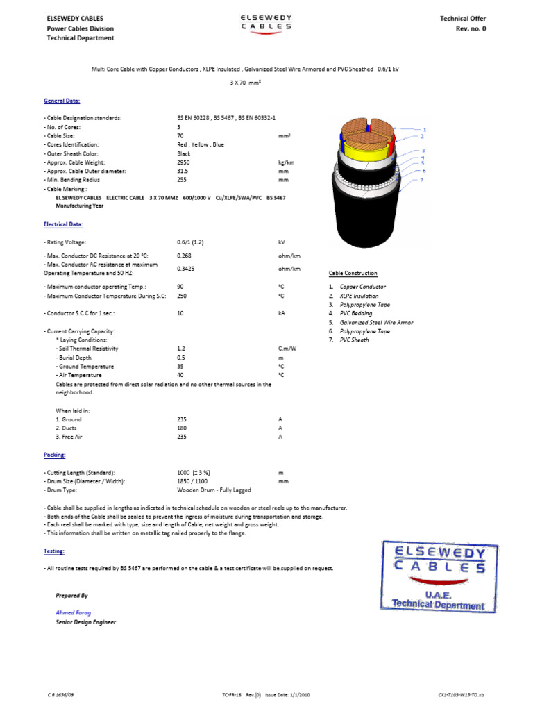 3x70 mm² Cu/XLPE/SWA/PVC Cable Details | PDF