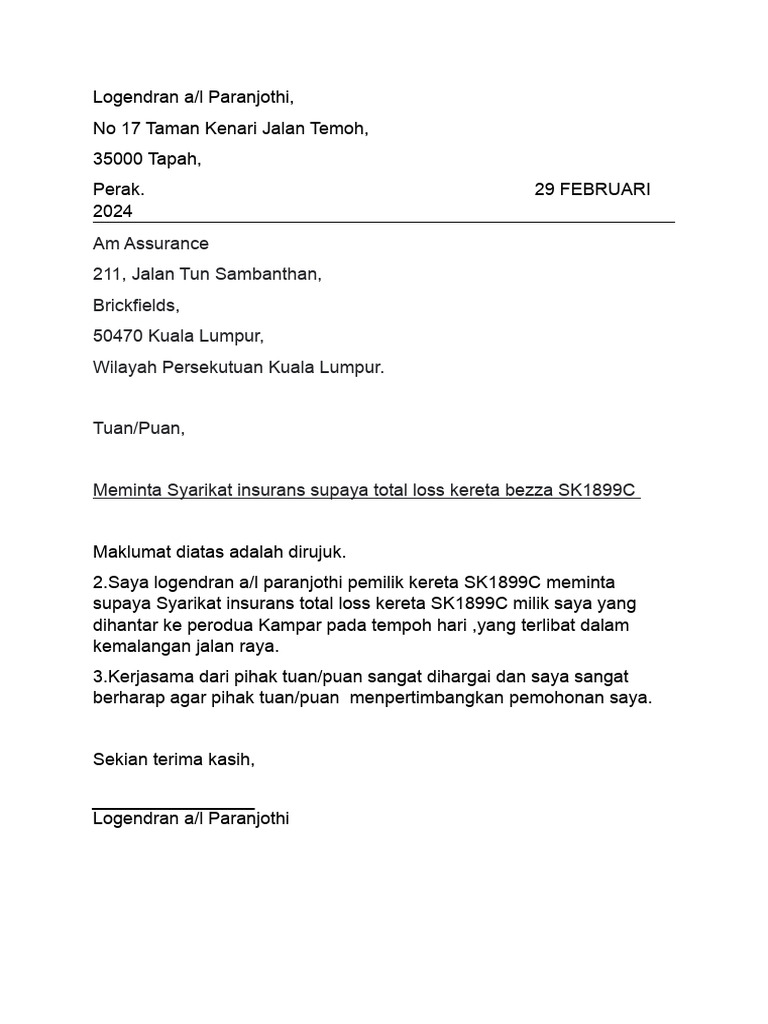Surat Total Loss Kereta SK1899C Bezza | PDF