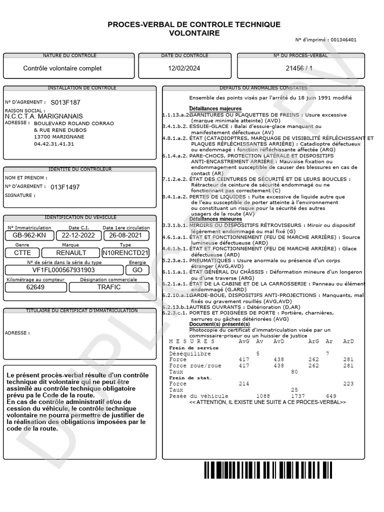 T A P V: Proces-Verbal de Controle Technique Volontaire | PDF
