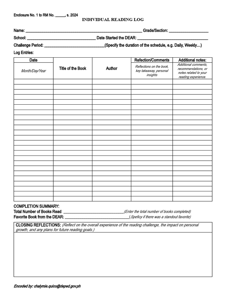 Individual Reading Log For DEAR | PDF | Career & Growth