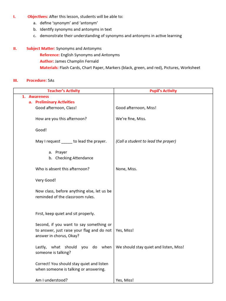 Teaching Synonyms and Antonyms Lesson Plan | PDF