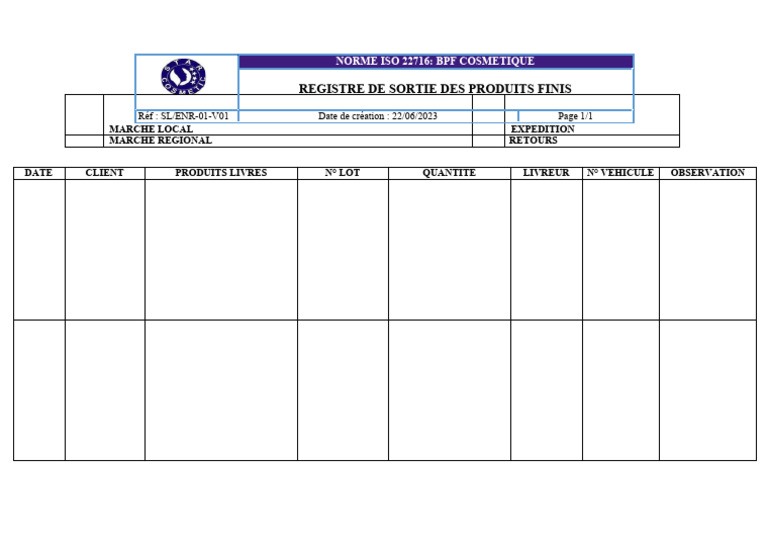 Registre de Sortie Produit Fini | PDF | Finance et gestion monétaire